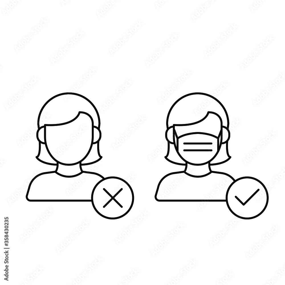 Woman without and wearing mask icon for coronavirus Precautions. Face ...