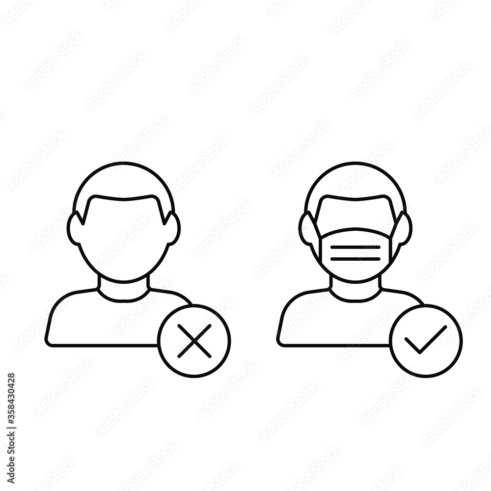 No Face Mask No Entry. Man in wrong and right wear mask Icon. Notice ...