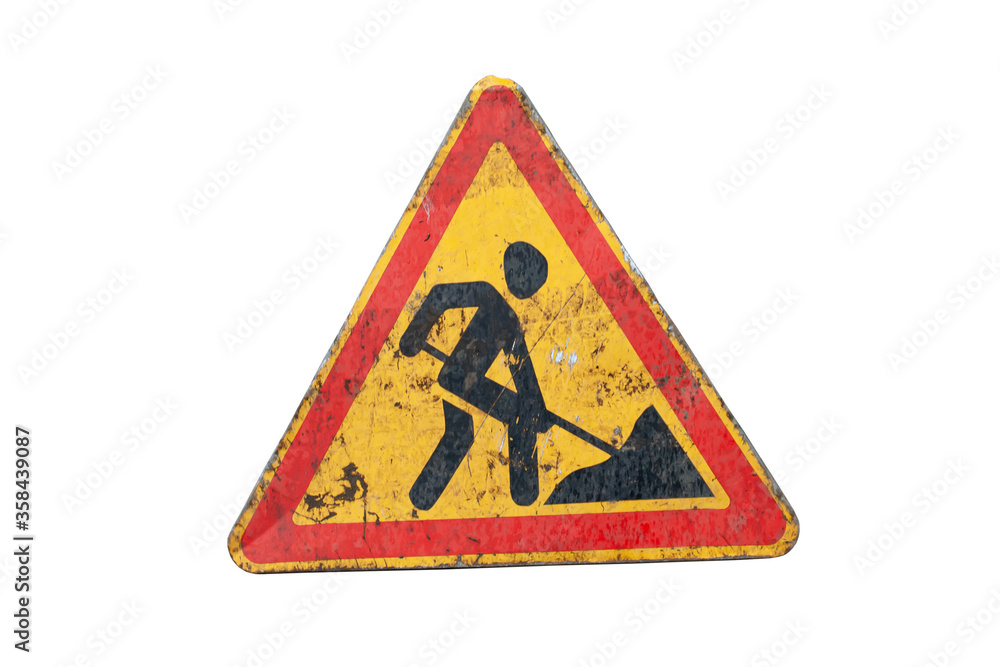 Road works dirty sign. Red, black and yellow triangle sign with digger ...