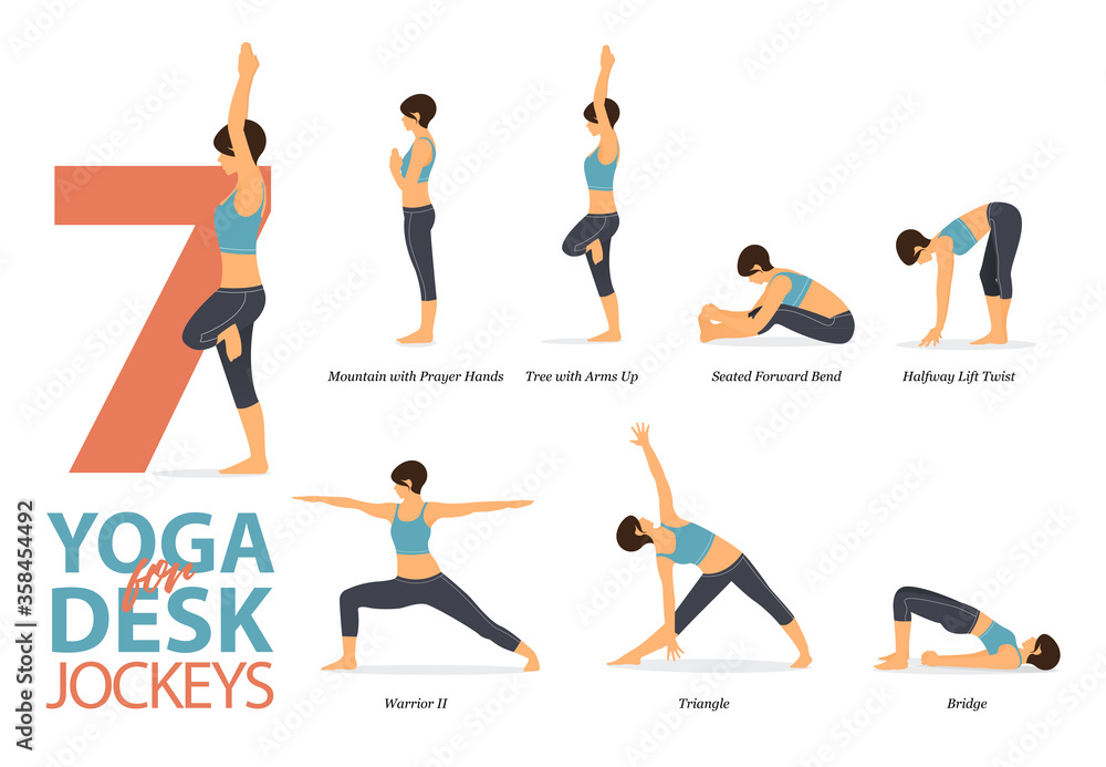 7 Yoga poses for workout in concept of desk jockeys. Woman exercising ...