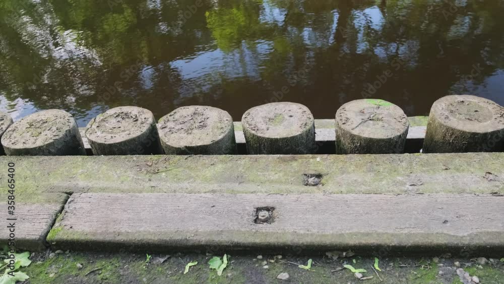 wooden embankment on the river. Massive log piles along the canal ...