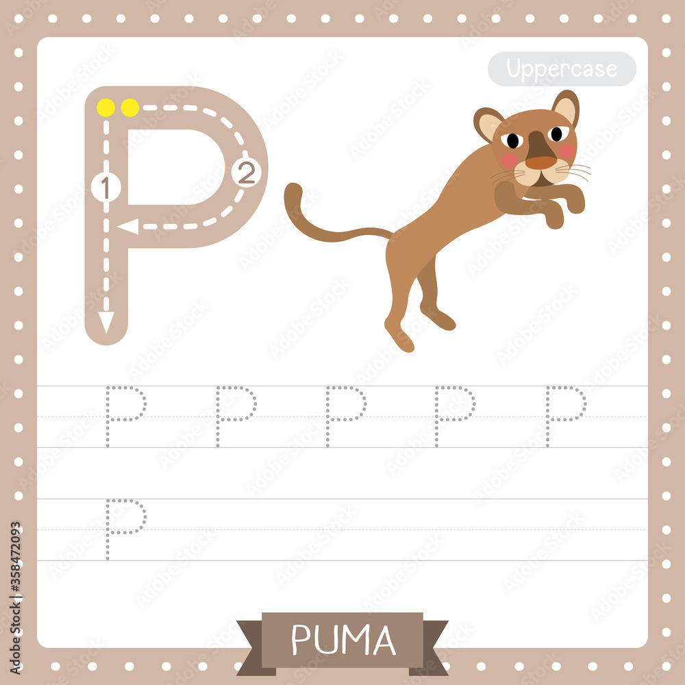 Letter P uppercase tracing practice worksheet of Jumping Puma Stock ...