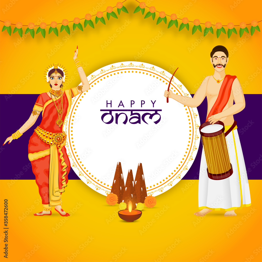 Vetor do Stock: Happy Onam Text in Circular Frame with Thrikkakara ...