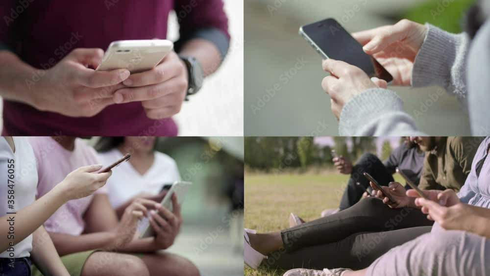 Collage of people using mobile phone and working. Unrecognizable people ...