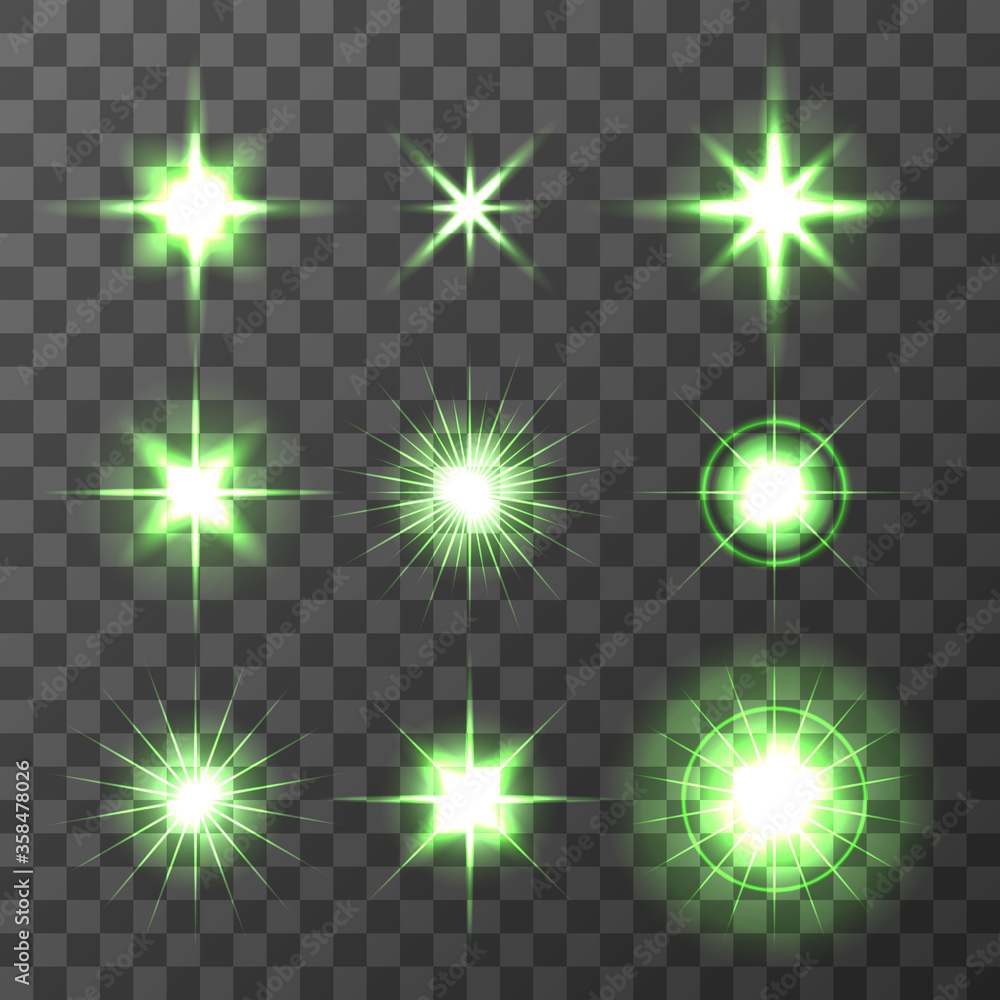 Light Glow Green Flare Stars Effect Set isolated on transparent ...