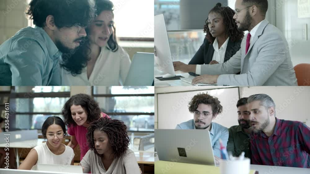 Collage of workers discussing project with client. Content people ...