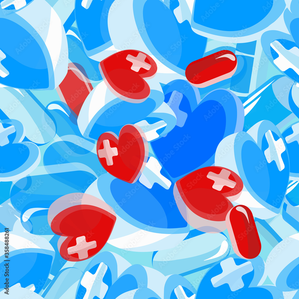 Medical seamless texture.Blue and red pill hearts with crosses. Design ...
