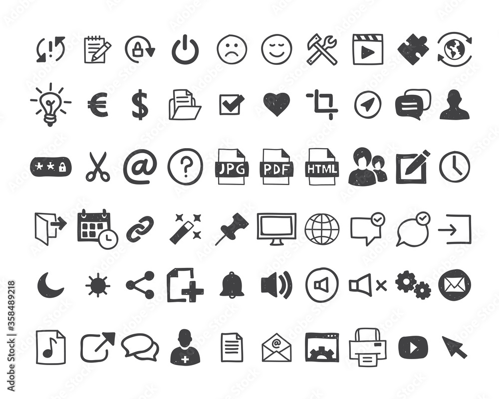 User interface vector icons. Doodle icon set. Hand drawn signs and ...