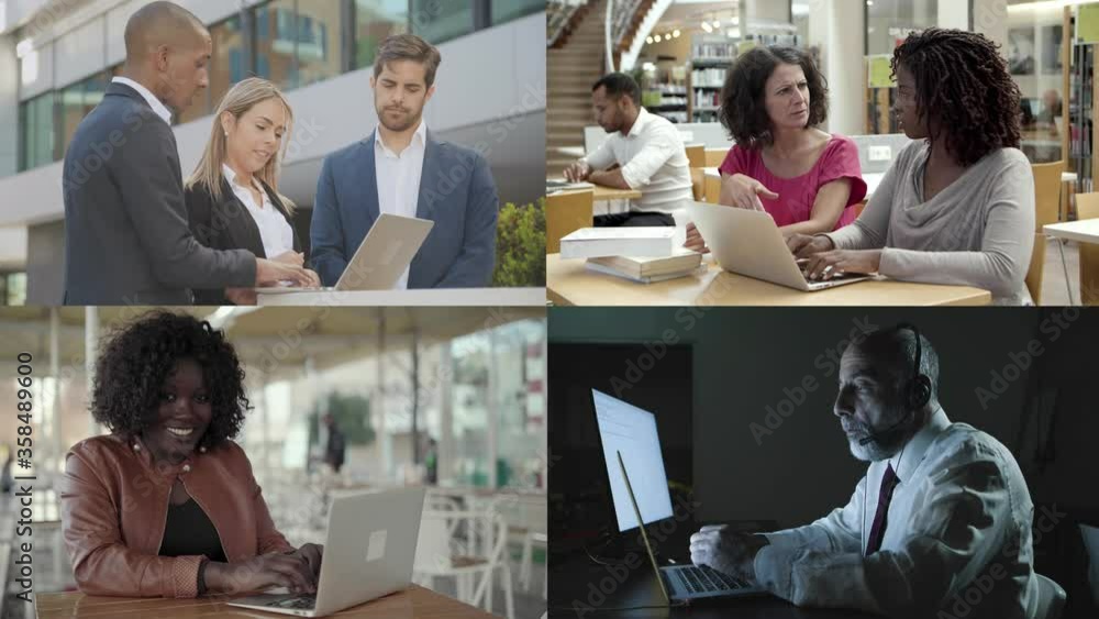 Collage of confident managers using laptop for work. Content people ...