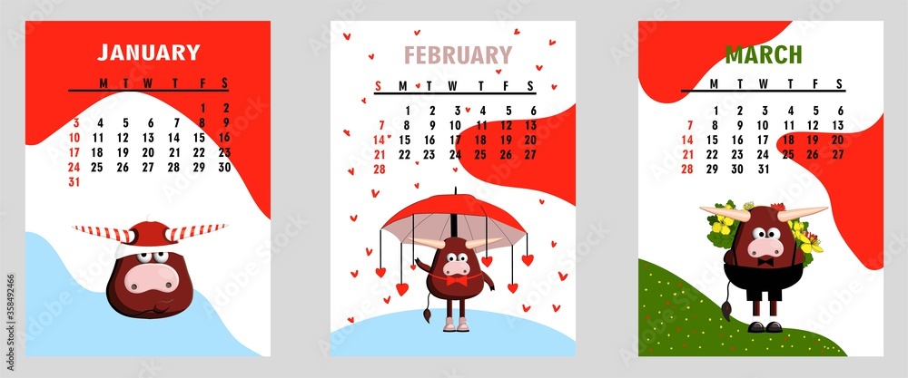bull, white bull calendar or A4 planner for 2021 with cartoon kawaii ...