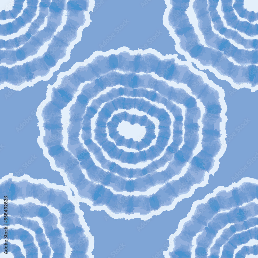 Blue tie dye circles background. Seamless hand painted pattern tie dye shibori print. Textured ...