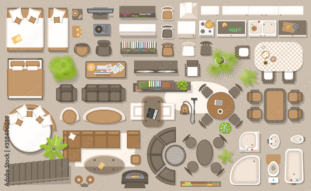 Icons set of interior, top view. Isolated Vector Illustration ...