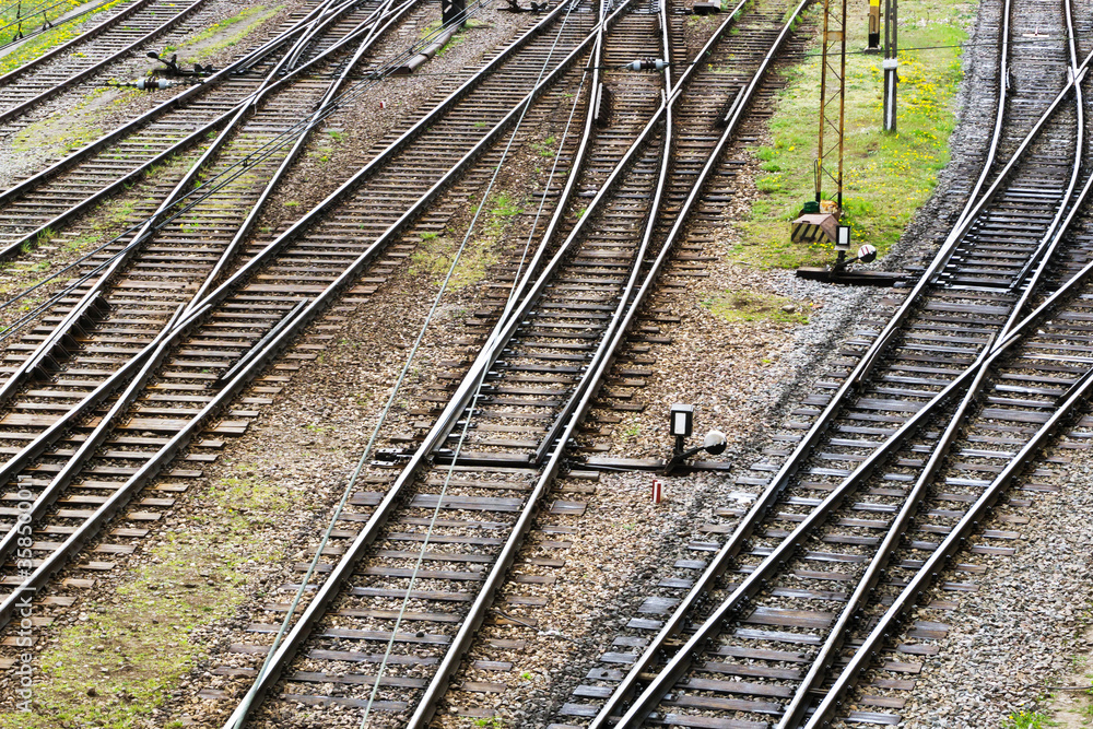Simple railway top view background. Train track texture. Steel rail on ...
