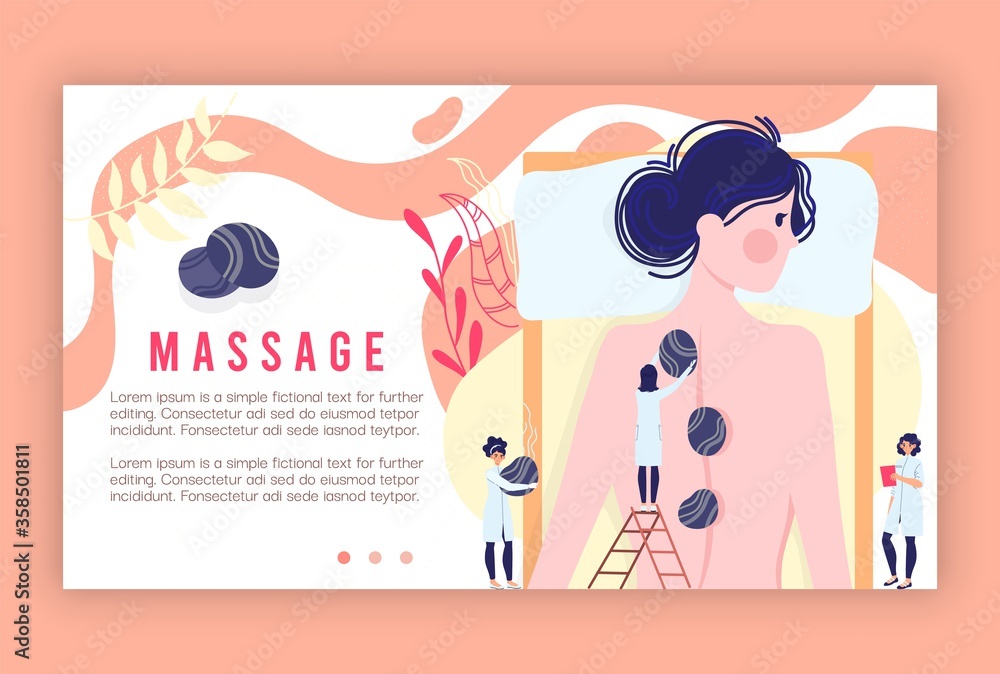 Massage procedures service vector illustration. Cartoon flat tiny masseurs character give ...