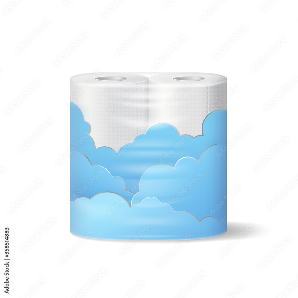 White toilet paper in plastic transparent packaging with clouds ...