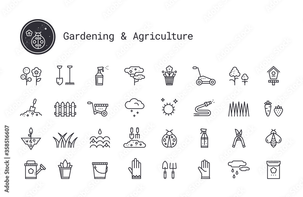 Gardening, horticulture, landscaping thin line vector icon set. Soil ...