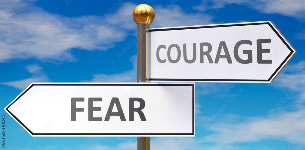 Fear and courage as different choices in life - pictured as words Fear ...