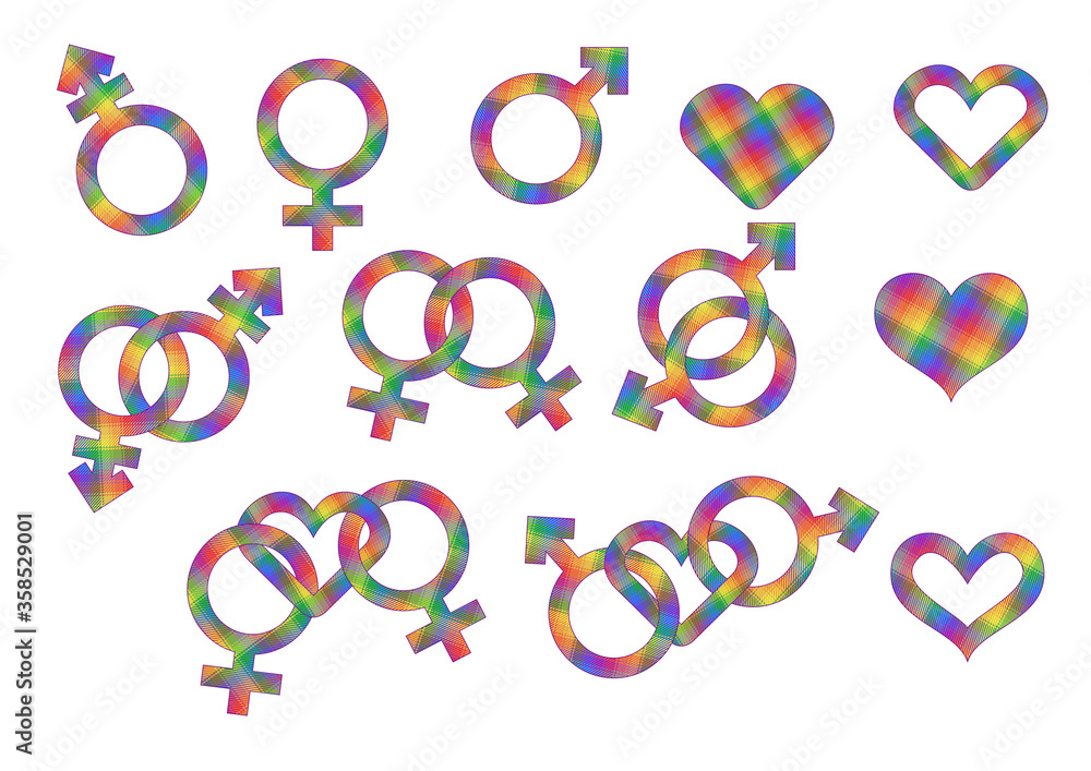 set of single and combined lgbt symbols with rainbow textile texture ...