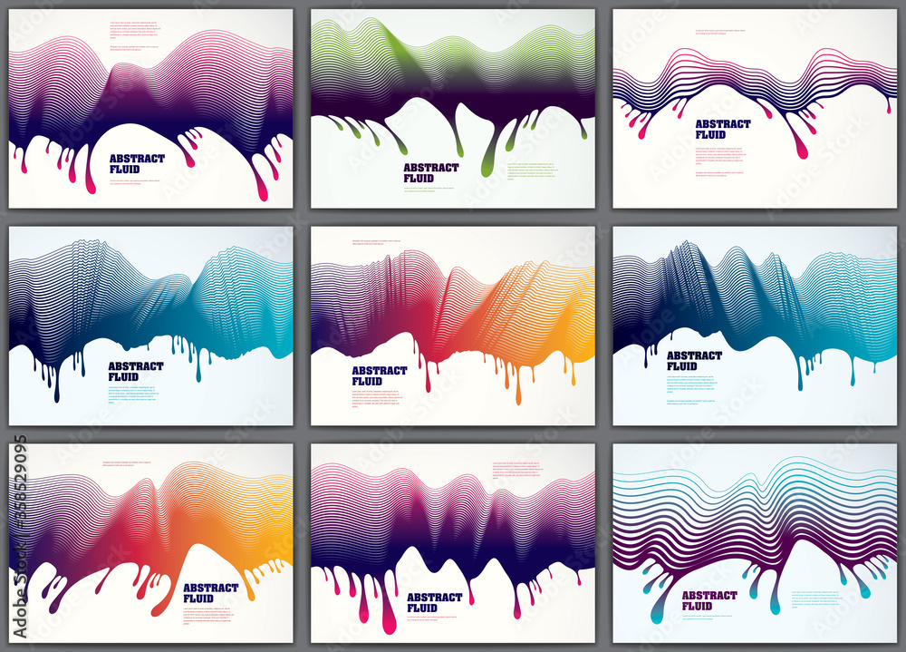 Lined vector wave backgrounds fluid flow set. 3d dynamic stripes motion ...