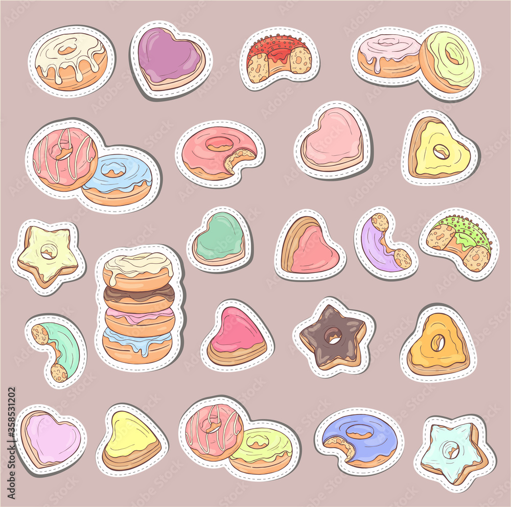 Sweet donuts sticker set. Tasty donuts collection. Patch donuts icons pack. Delicious food ...