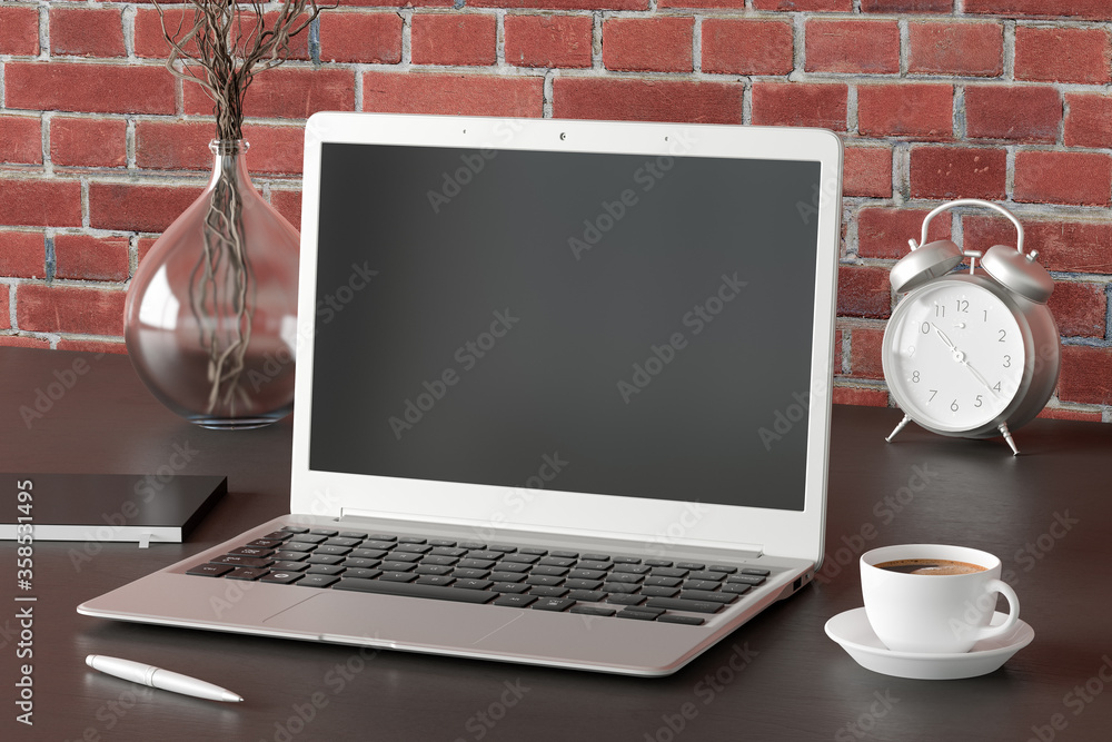 Workplace with laptop mock up. Dark wooden desk and red brick wall ...
