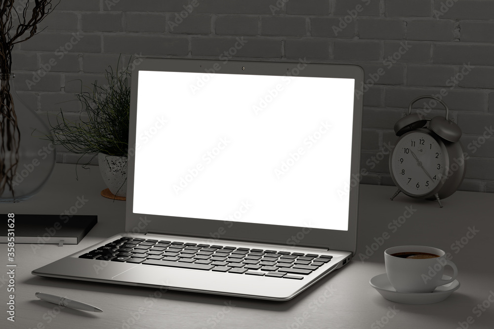 Workplace with glowing laptop screen at evening mock up. White desk and ...