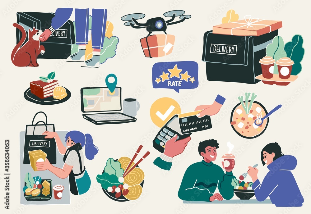 Collection of delivery service, fast food, food delivery, courier ...