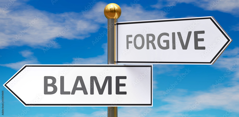 Blame and forgive as different choices in life - pictured as words ...