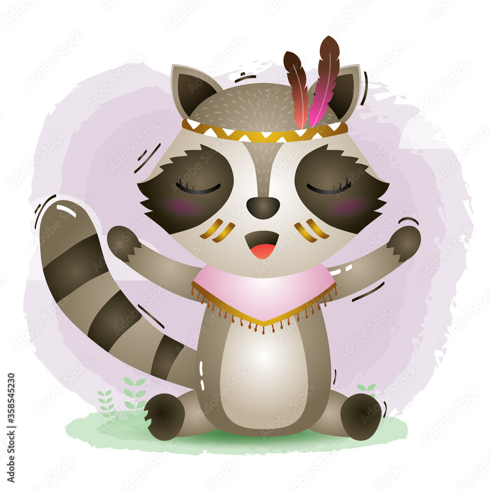a cute raccoon in a headdress with feathers. Cartoon apache raccoon ...