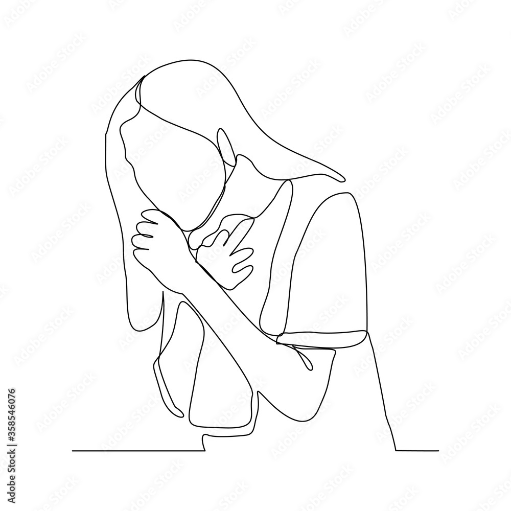 Continuous line drawing of woman suffer cough and holding cest. Vector ...