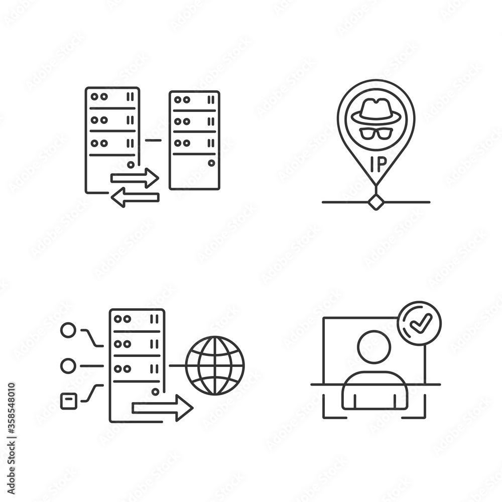 Virtual networking linear icons set. User authentication, hidden IP ...