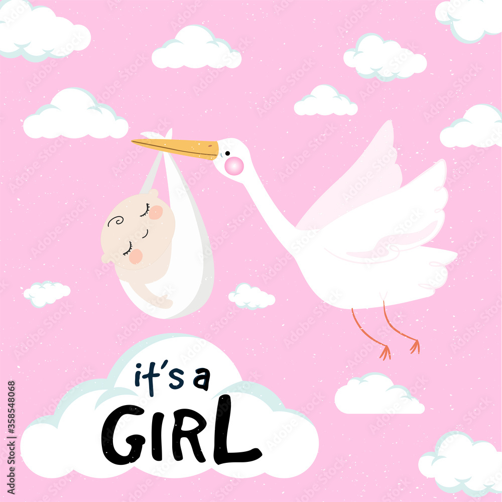 baby girl birth card or banner in black depicting a stork bringing the ...