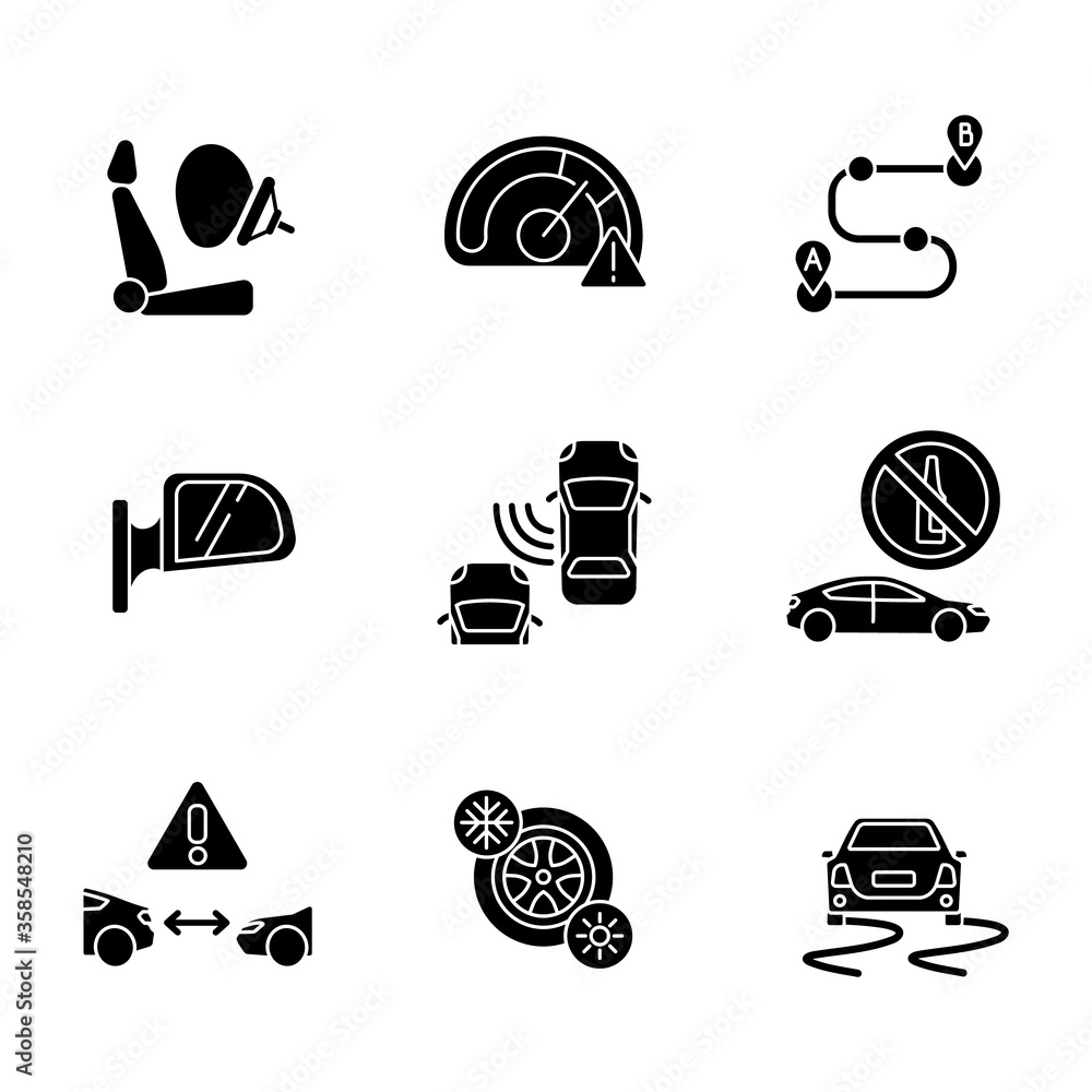 Safe driving black glyph icons set on white space. Car travel risks ...