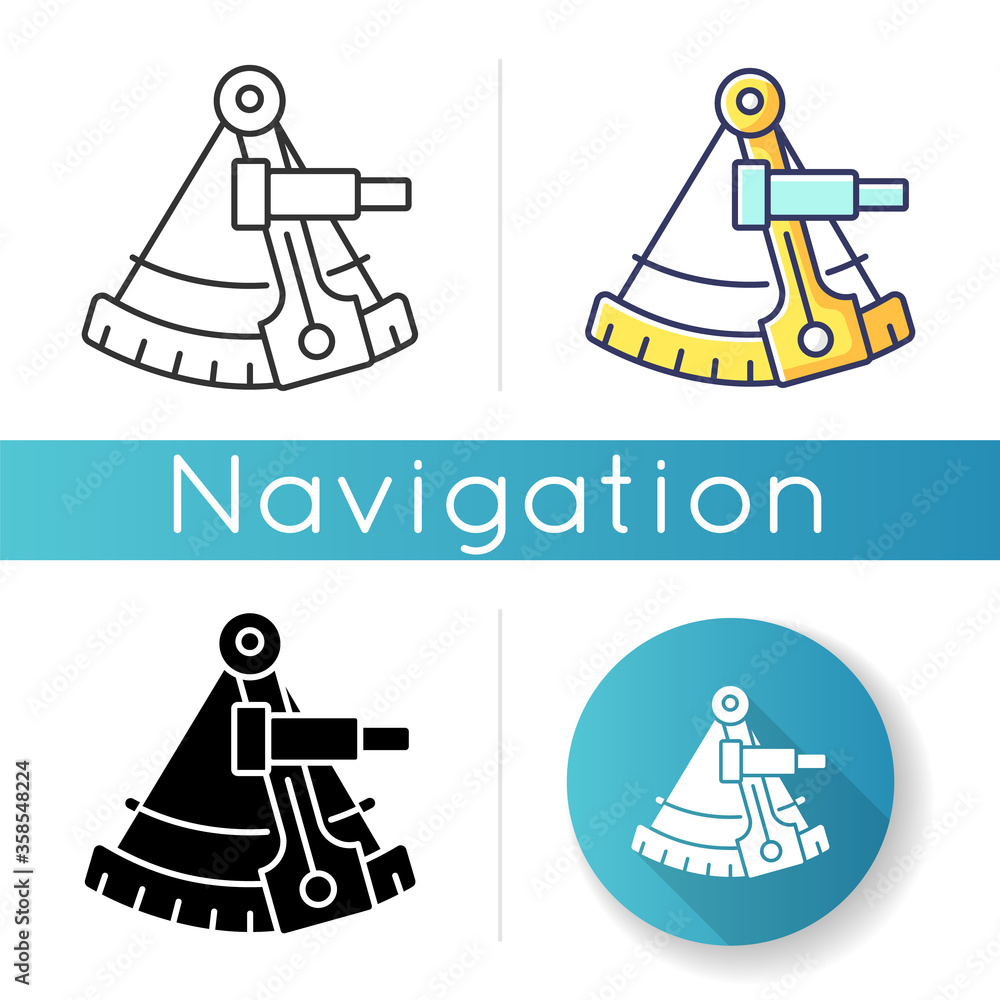 Sextant icon. Celestial navigation, geography. Linear black and RGB ...