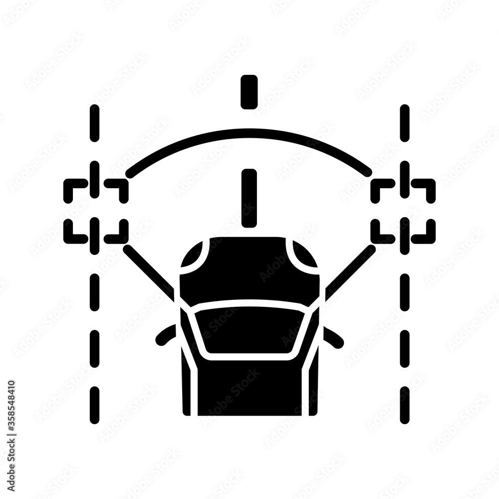 Lane keeping assist black glyph icon. Modern safety driving technology ...