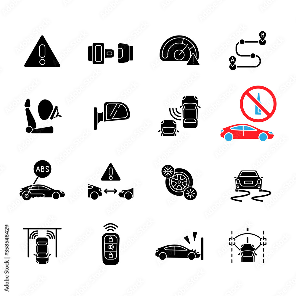 Driving safety black glyph icons set on white space. Car accident ...