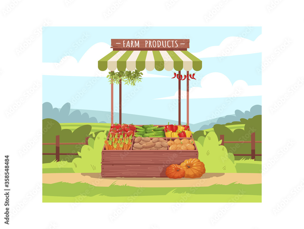 Farm products on counter semi flat vector illustration. County fair ...