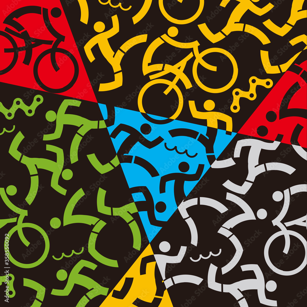 Triathlon icons, colorful dynamic background. Background with icons of ...