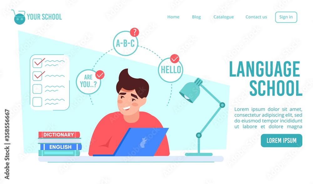 Online language course order landing page design. Man character ...
