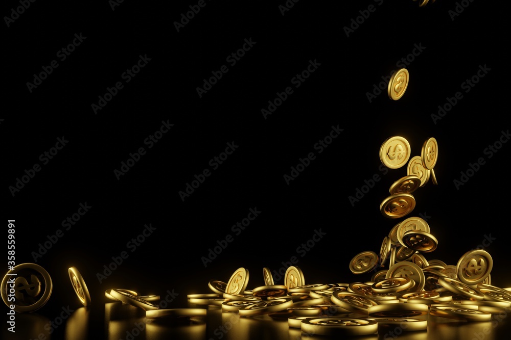 gold coin drop on black background copy space .3D Rendering. Stock ...