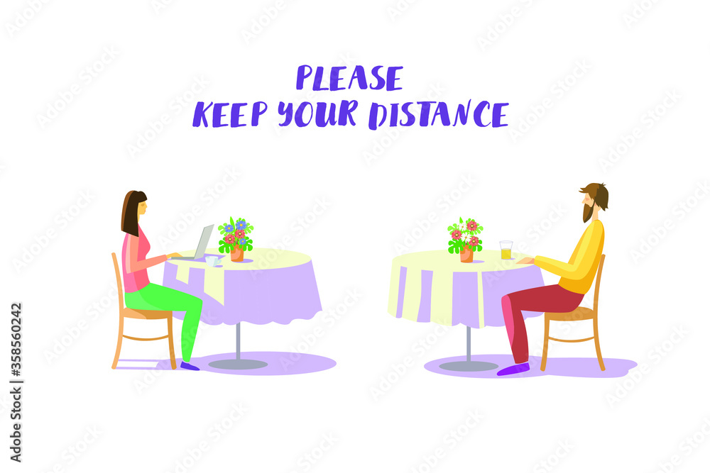 Vector graphics. Image of people who sit at tables in cafes and keep ...