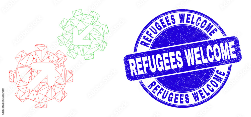 Web carcass integration gears pictogram and Refugees Welcome watermark ...