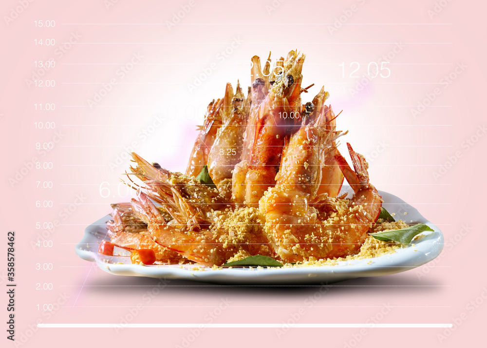 Fried shrimp isolated on Infographics which show an increase in ...