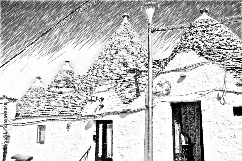 black and white drawing representing a street of Alberobello in Puglia ...