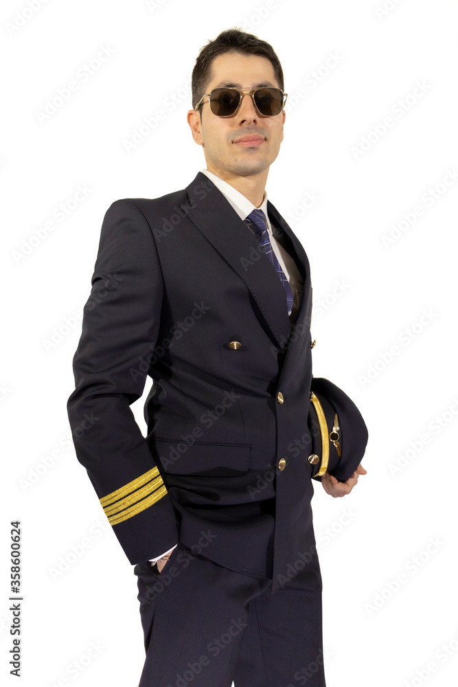 Male pilot with uniform + jacket, wearing pilot glasses, posing with ...