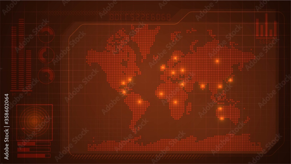 Red technological luminous digital panel with map of the world and ...