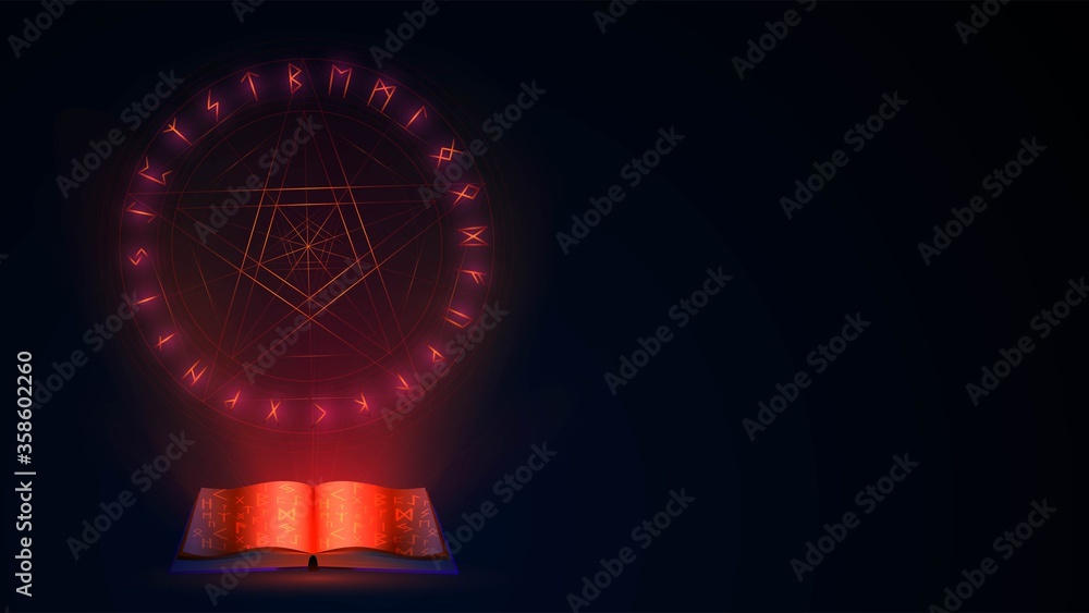 Magic open witch book with red light and a pentagram and runes Stock ...