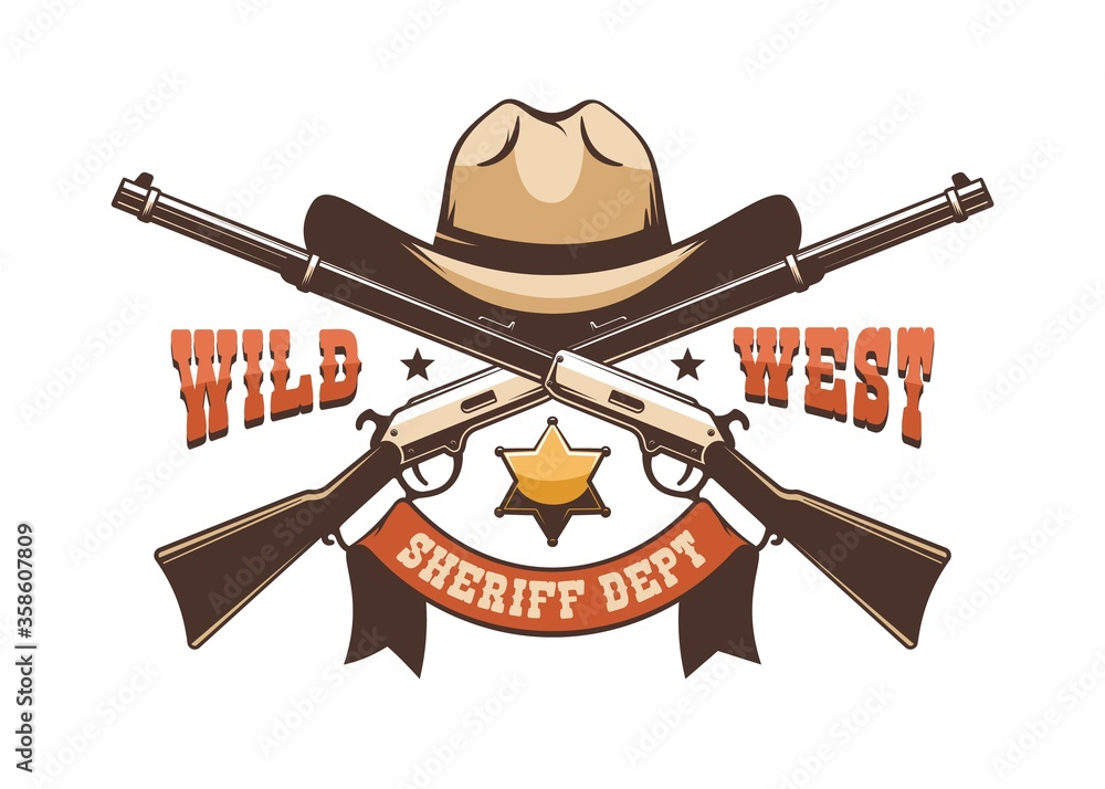 Cowboy hat, sheriff star and crossed rifles - wild west retro logo ...