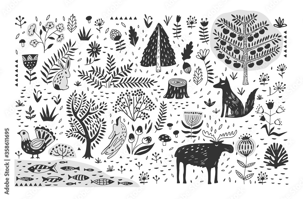 Hand drawn pattern with abstract Scandinavian nature elements. Vector ...