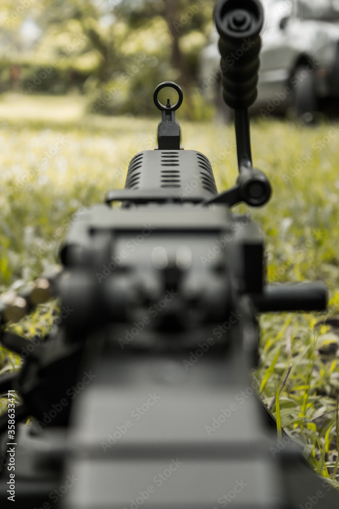Front sight of M249 light machine gun with 7.62 mm cartridge belt Stock ...